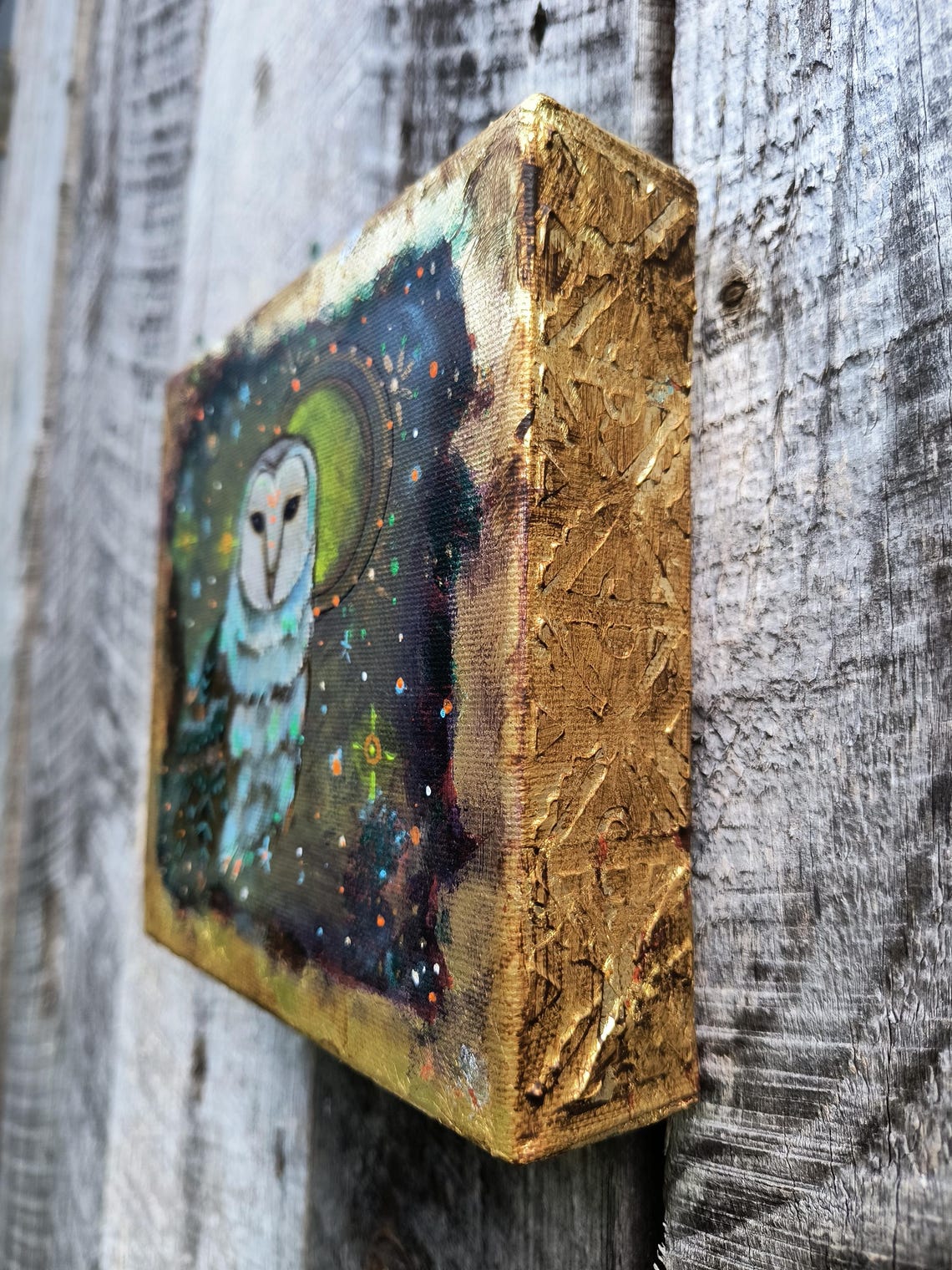 Moon Keeper” by Casey Weston. Mini Owl Painting on 6x6 Gold Foil Canvas ...