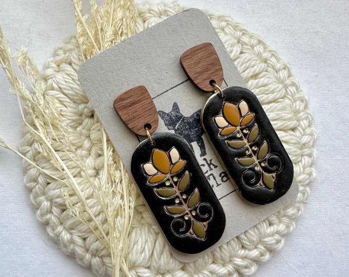 Black Folk Floral Clay Dangle Earrings | Boho Polymer Clay Earrings ...