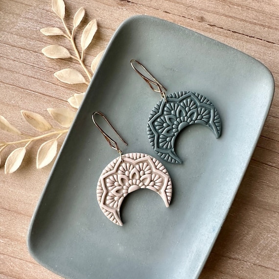 Mandala Moon Clay Earrings Celestial Clay Earrings Modern Boho Earrings Lightweight Statement Earrings Polymer Clay Dangle Earrings