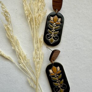 Black Folk Floral Clay Dangle Earrings Boho Polymer Clay Earrings ...