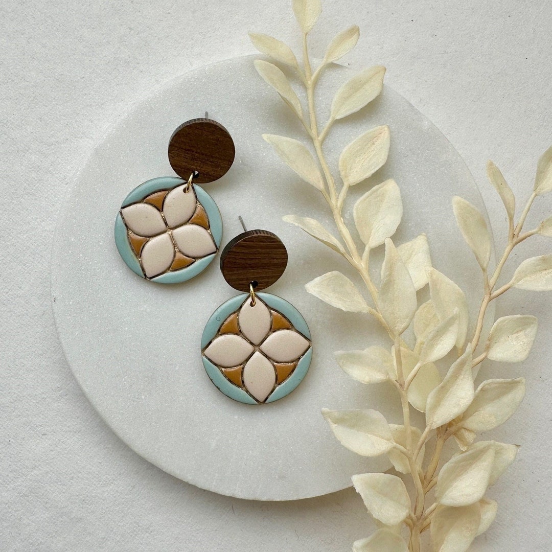 Round Tile Boho Clay Earrings | Talavera Tile Earrings | Boho Clay ...