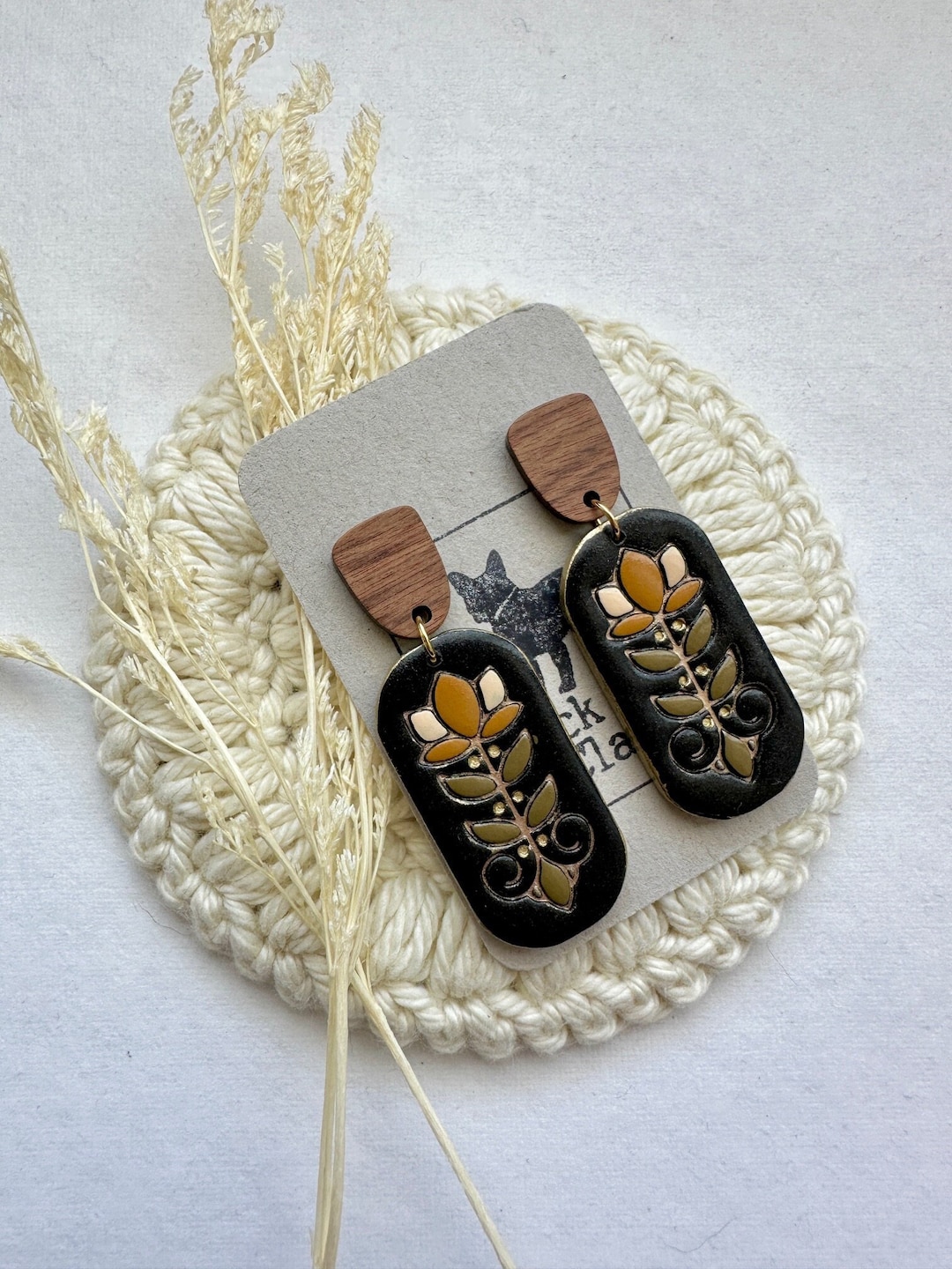 Black Folk Floral Clay Dangle Earrings | Boho Polymer Clay Earrings ...