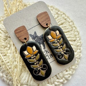 Black Folk Floral Clay Dangle Earrings | Boho Polymer Clay Earrings ...