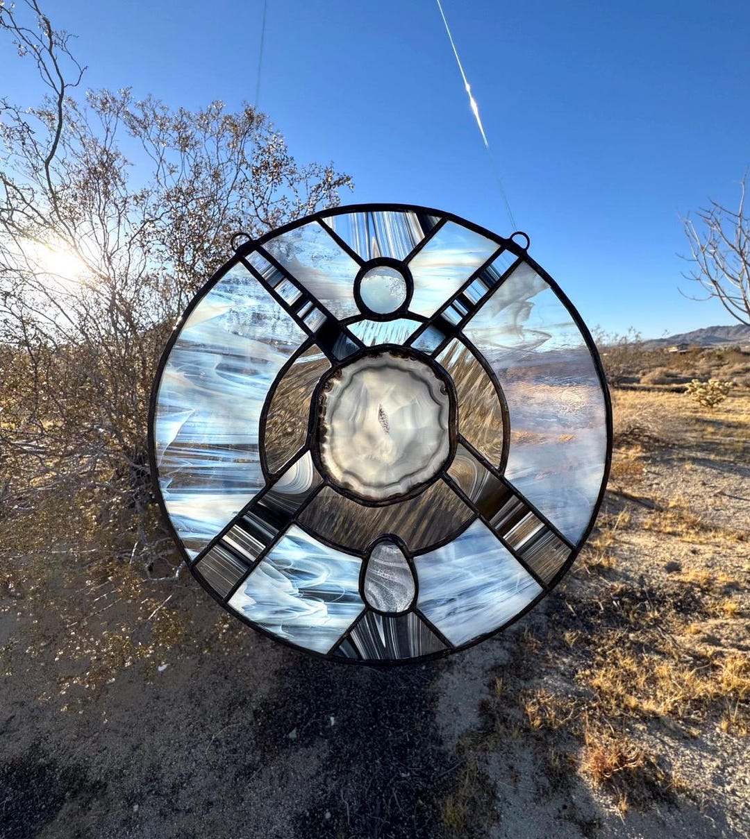 Artisan Made Black & White With Natural Geode Agate Slice Stained Glass ...