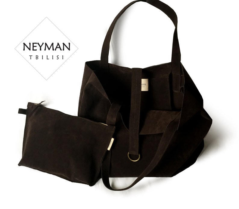 Oversize Chocolate Brown Vegan Suede Leather Tote With Same Color ...