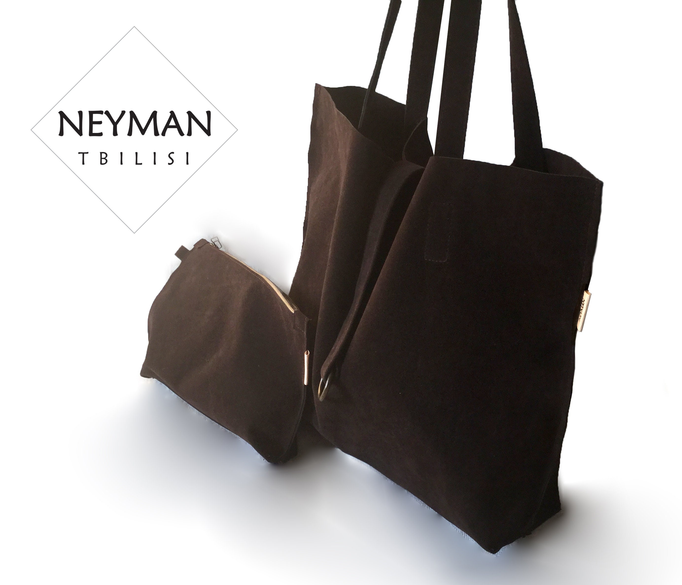 Oversize Coffee Brown Vegan Suede Leather Tote With Outer Stitchings ...