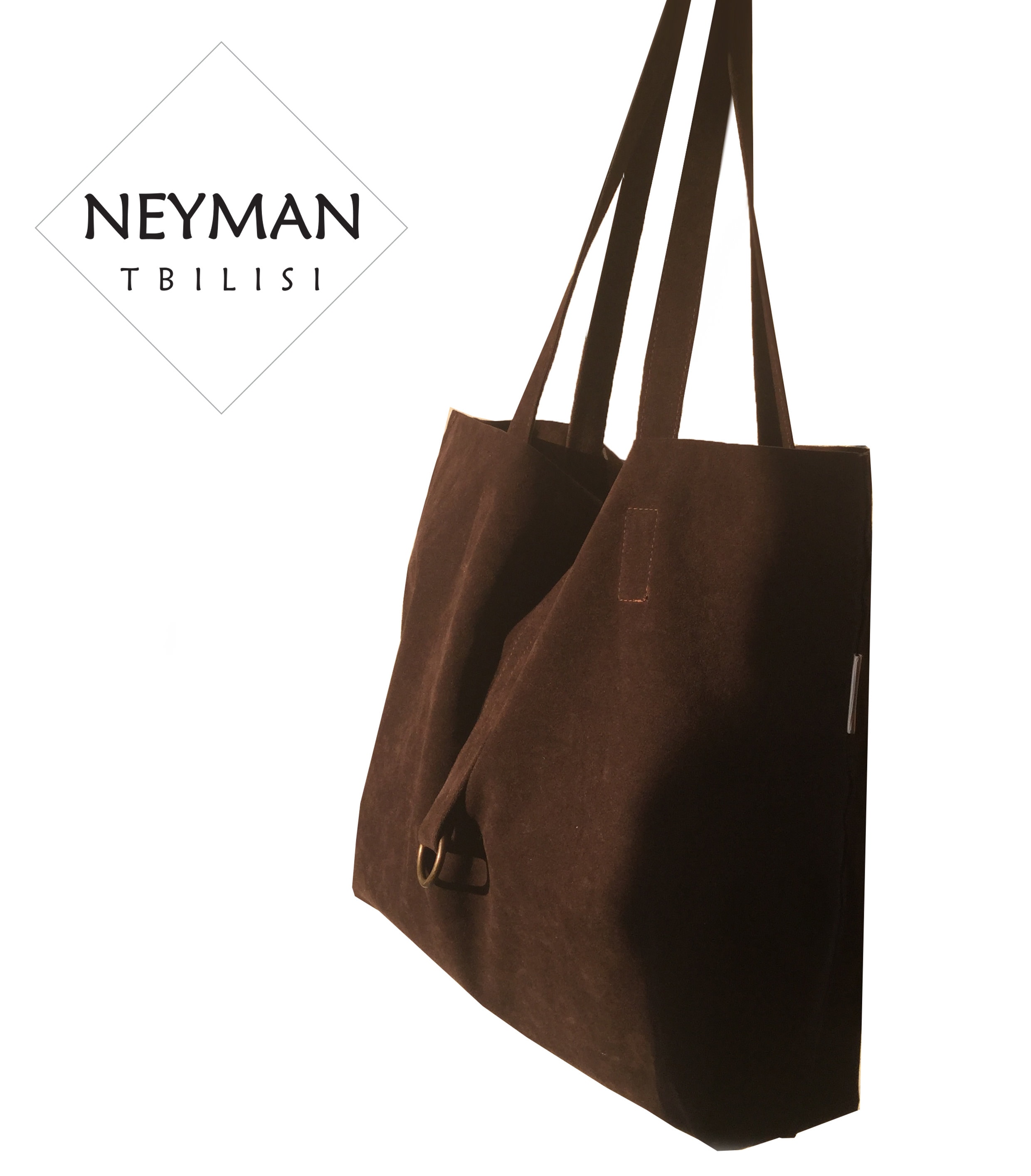 Oversize Coffee Brown Vegan Suede Leather Tote With Outer Stitchings ...