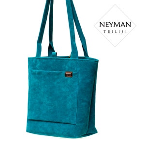 Cyan Blue Vegan Suede Leather Shoulder Bag / Turquoise Blue Eco Tote ...