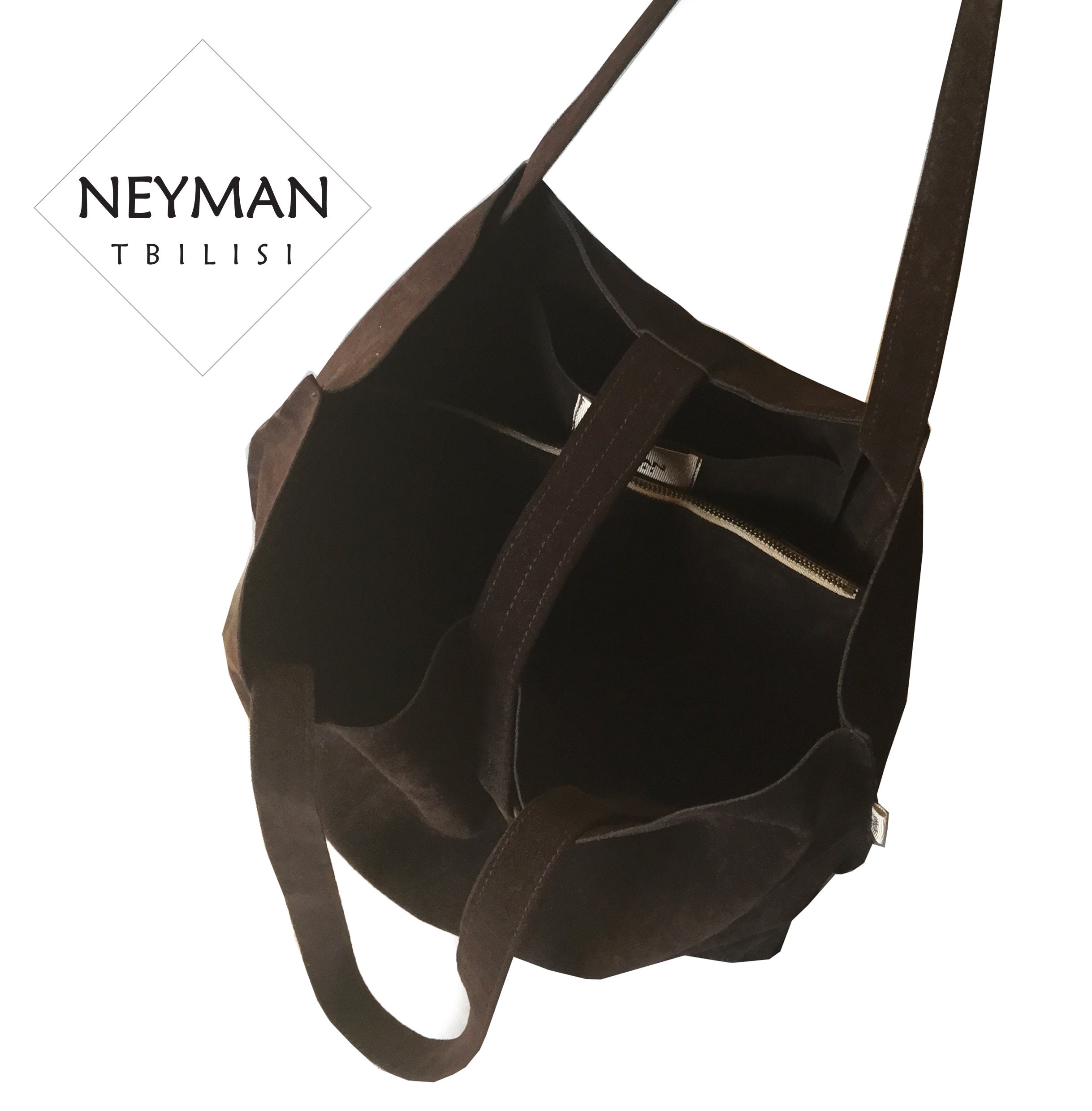 Oversize Coffee Brown Vegan Suede Leather Tote With Outer Stitchings ...