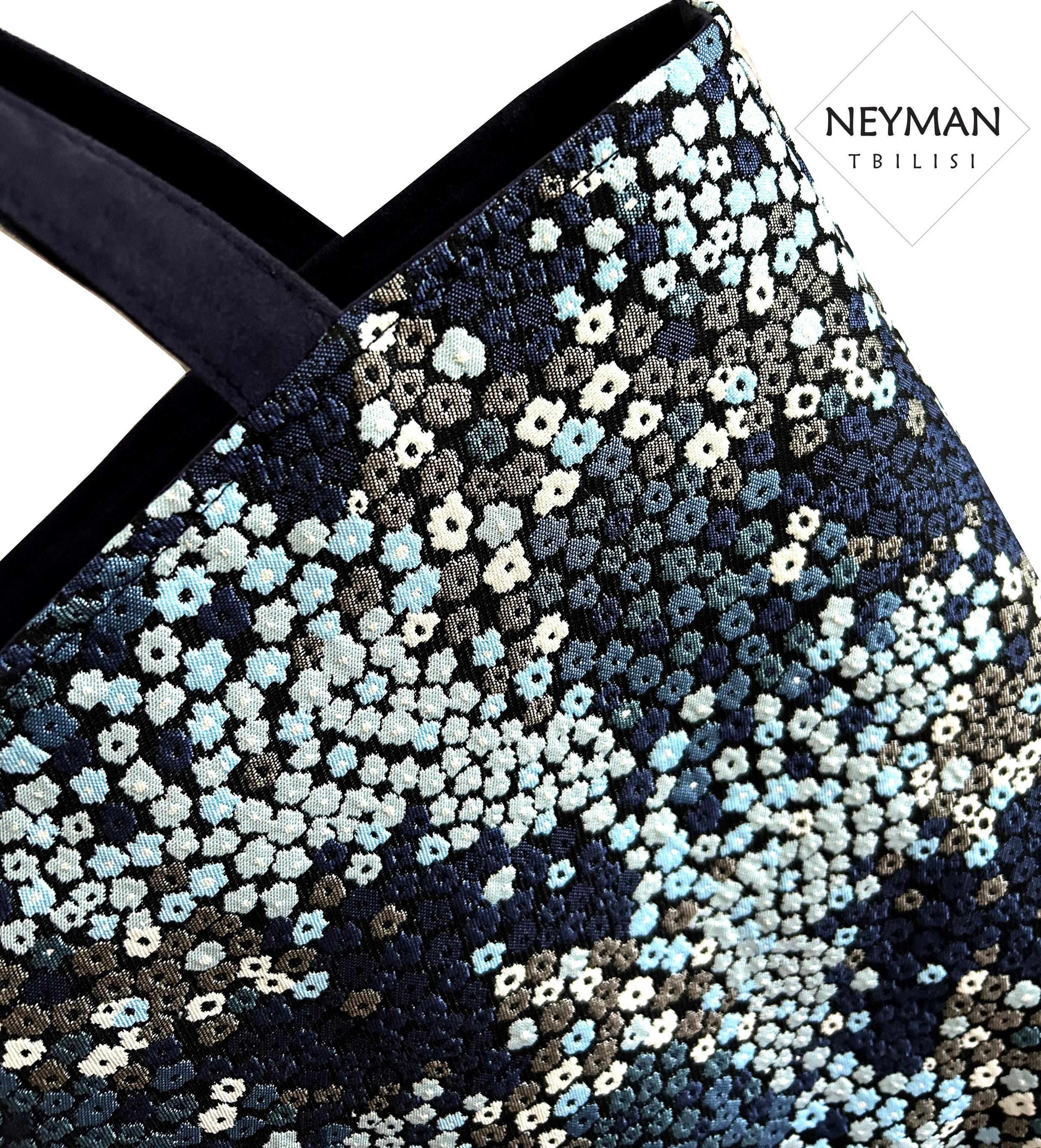 Blue Floral Embroidery Floral Fabric and Vegan Suede Leather Tote, Eco ...