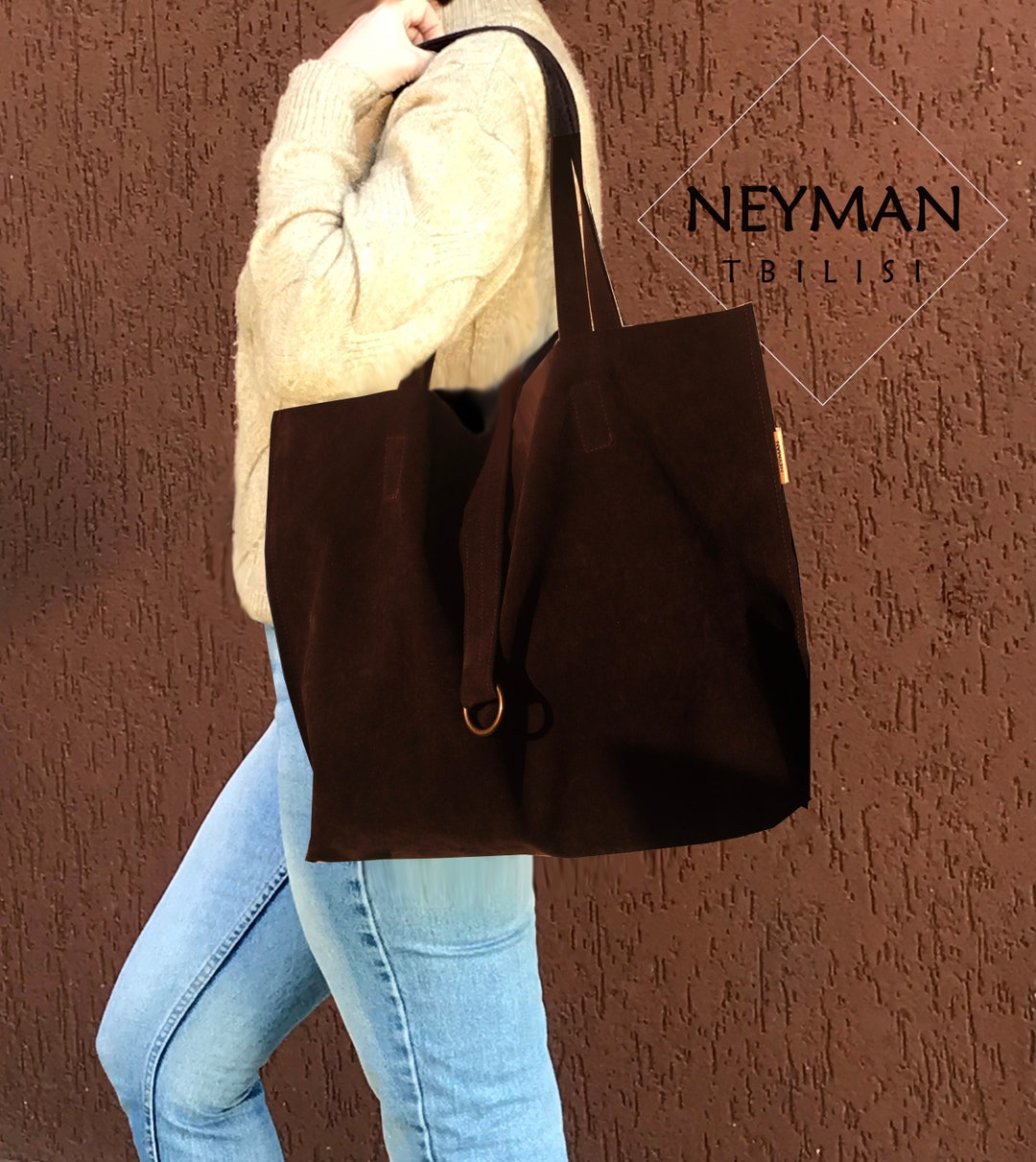 Oversize Coffee Brown Vegan Suede Leather Tote With Outer Stitchings ...