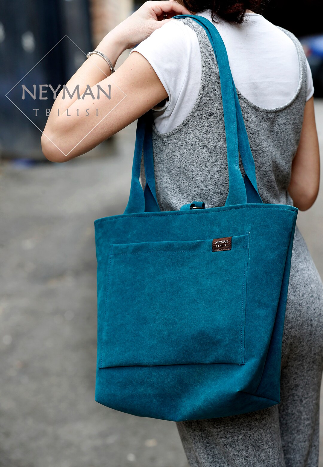 Cyan Blue Vegan Suede Leather Shoulder Bag / Turquoise Blue Eco Tote ...