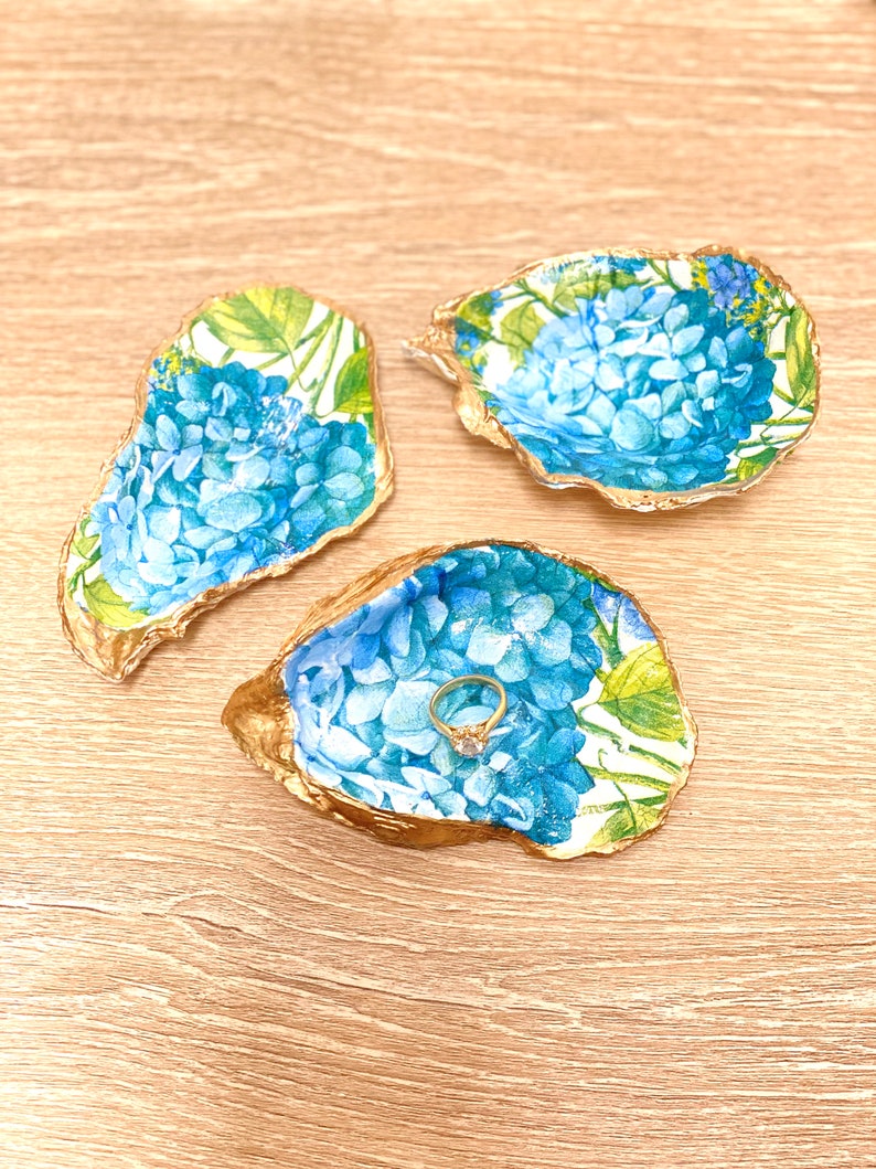 Hydrangea Ring Dish Decoupage Oyster Shell Coastal Decor Beach Decor ...