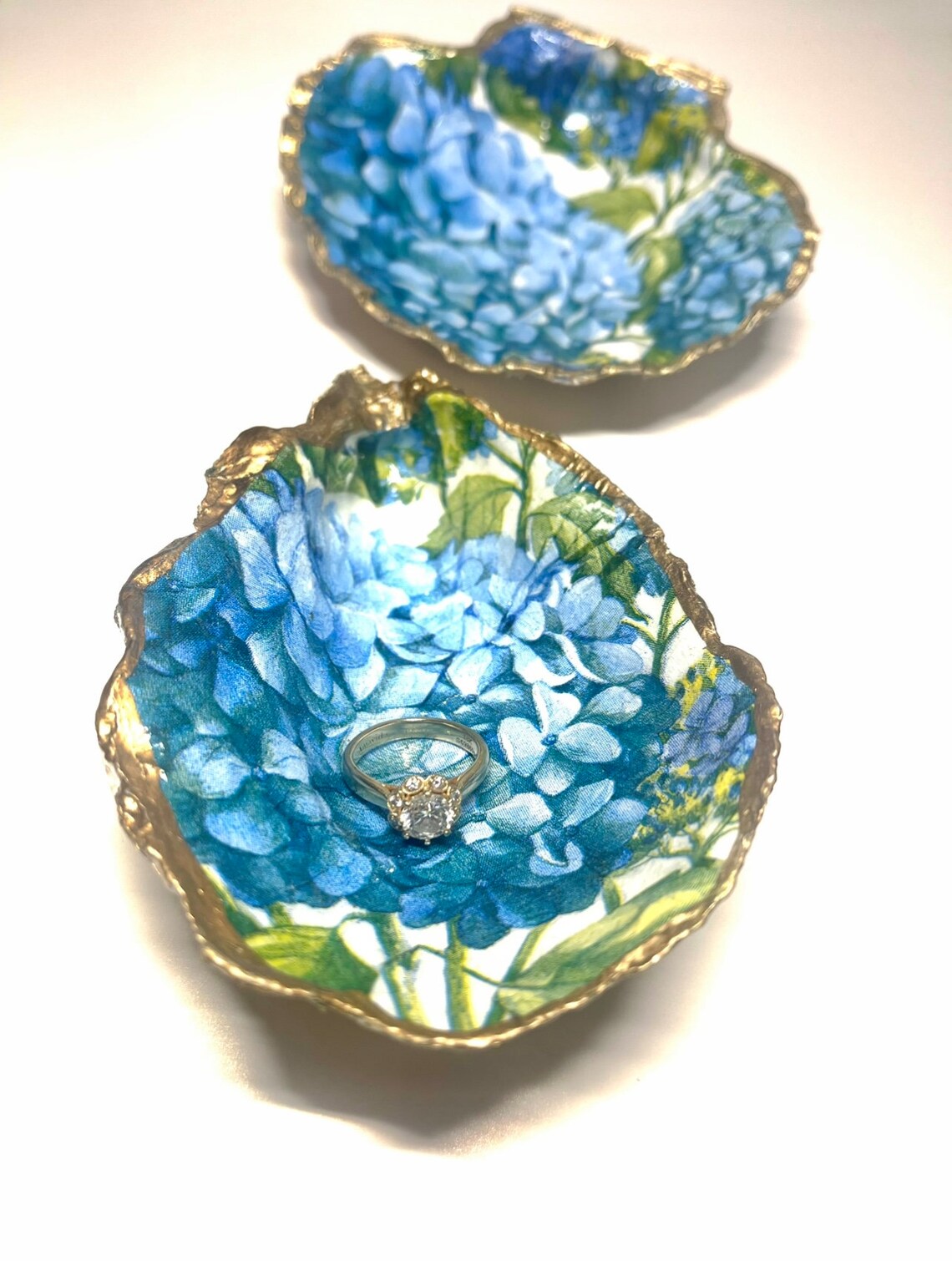Hydrangea Ring Dish Decoupage Oyster Shell Coastal Decor Beach Decor ...