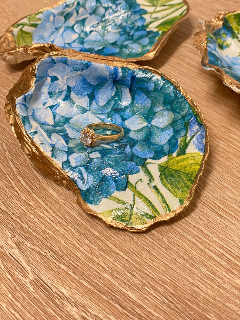 Hydrangea Ring Dish Decoupage Oyster Shell Coastal Decor - Etsy