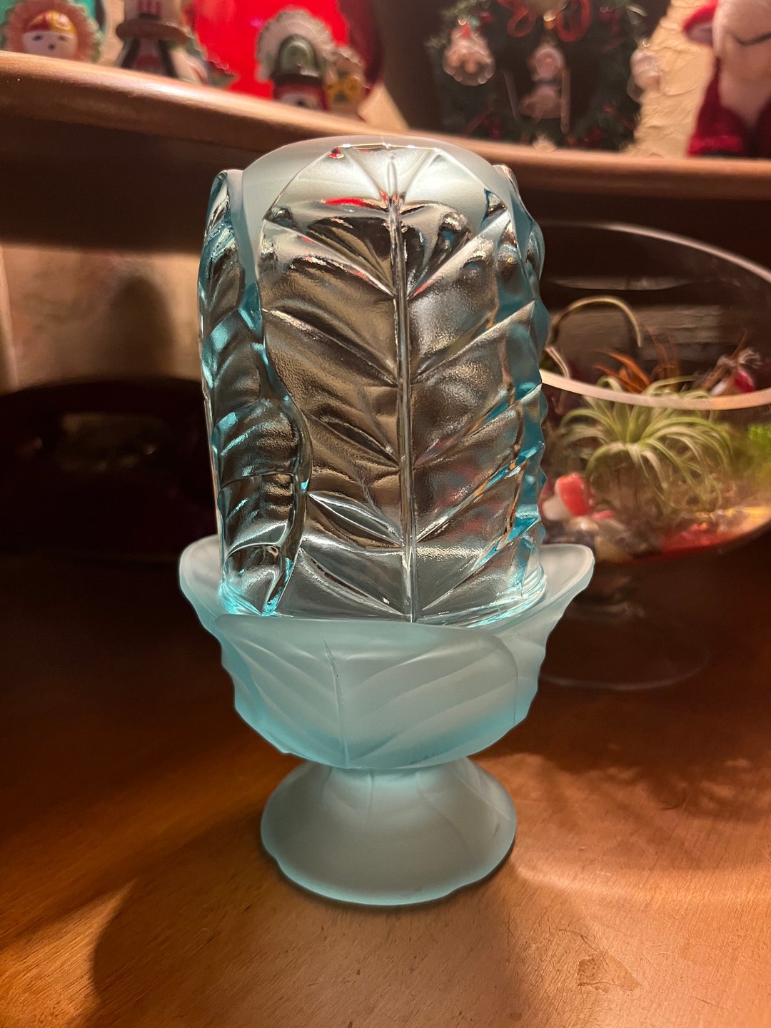 60s 70s Light Blue Viking Art Glass Cabbage Leaf Fairy Lamp Vintage Tea ...