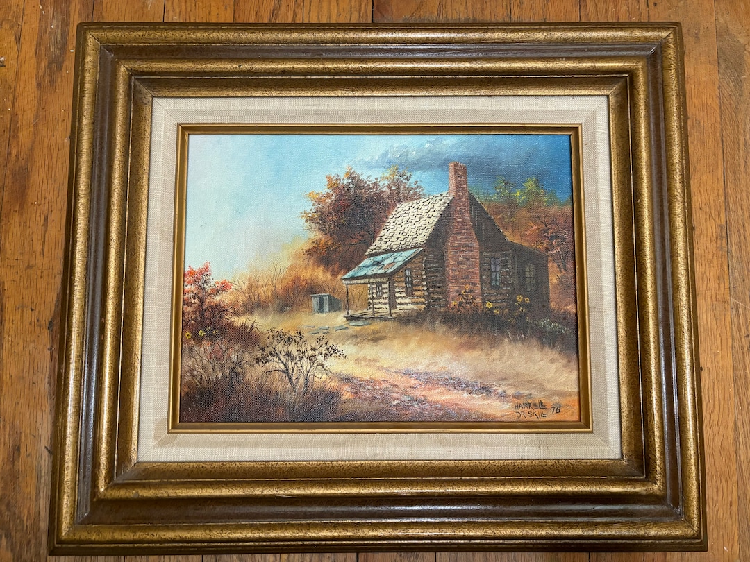 1970s Oil Painting of Log Cabin Signed by Artist Harrell Driskill 1976 ...