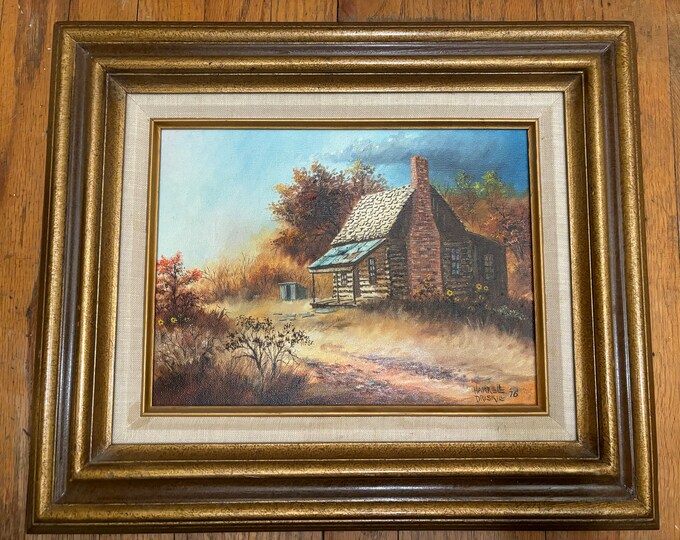 1970s Oil Painting of Log Cabin Signed by Artist Harrell Driskill 1976 ...
