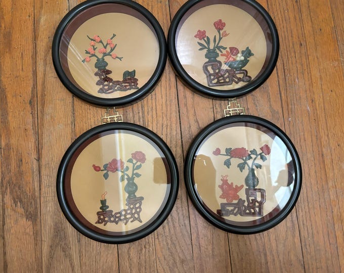 Set of Four 4 Vintage 7in Round Shadow Boxes Asian Wall Decor Imitation ...