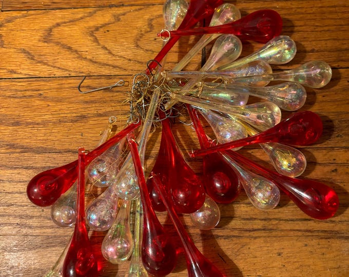 70s Red and Iridescent Tear Drop Plastic Christmas Holiday Ornaments ...