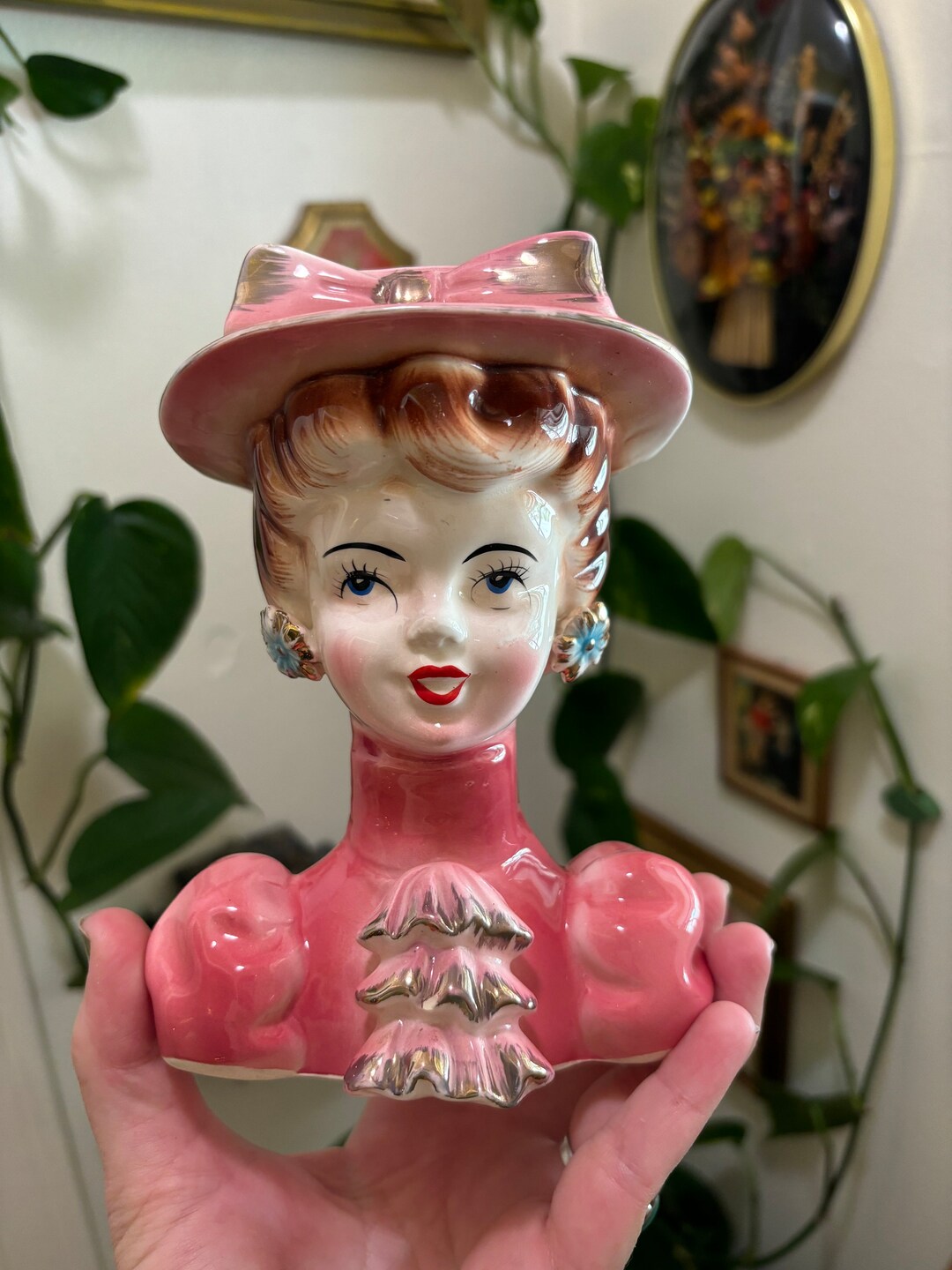 Vintage 50s Pink Lady Head Vase Victorian Ruffles Gold Pink Blue ...