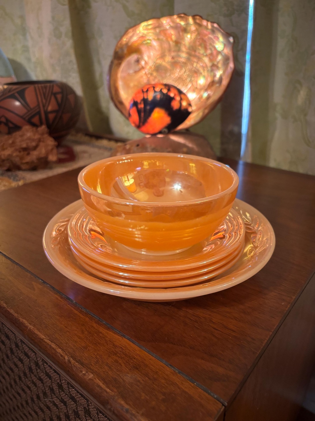 Five Pieces of Fire King Dinnerware Peach Luster Iridescent Orange Bowl ...
