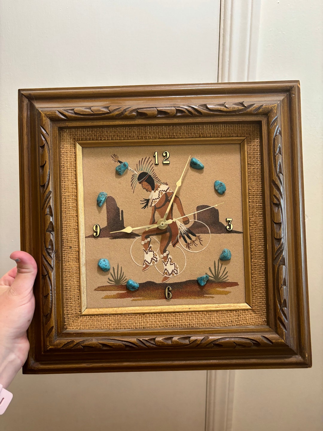 Vintage Native Sand Art Clock Southwestern Navajo 13x13in Hoop Dancer ...