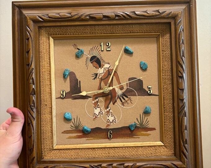 Vintage Native Sand Art Clock Southwestern Navajo 13x13in Hoop Dancer ...