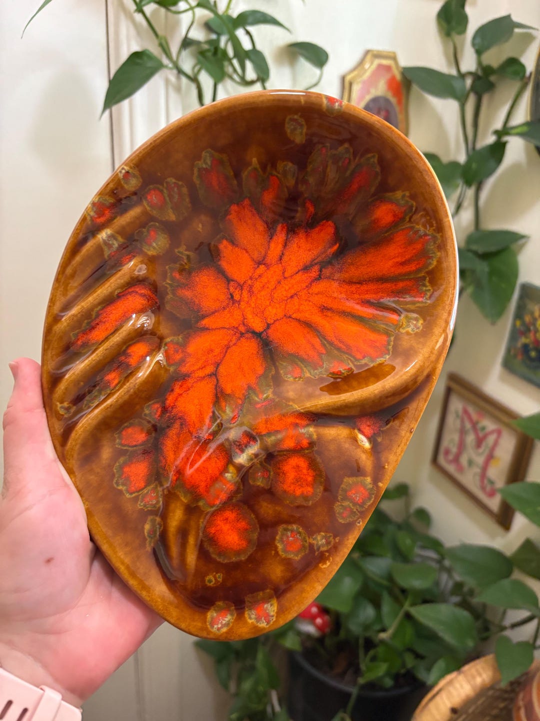 70s Vintage Ceramic Orange Brown Drippy Drip Speckle Glaze Ashtray 9in ...