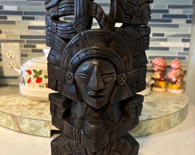 Vintage Hand Carved Wooden Aztec Mesoamerica Mayan Totem Wood Carving ...