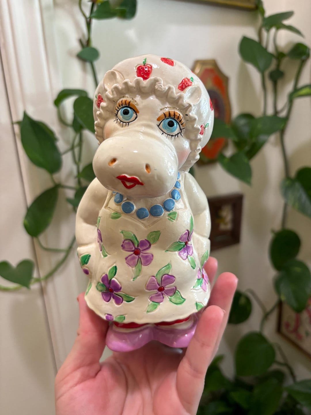 1980s Hippo Coin Bank Floral Grass Strawberry Hat Piggy Bank 6.5in Tall ...