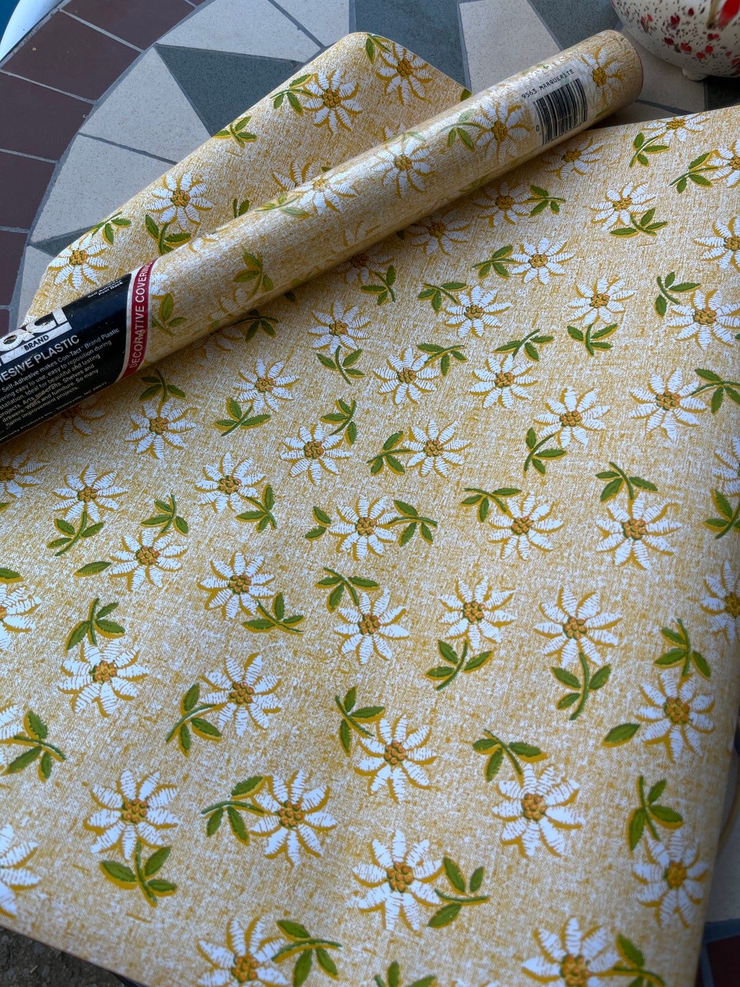 2 Rolls of Plastic Contact Paper 70s Boho Retro Gold Yellow and White ...