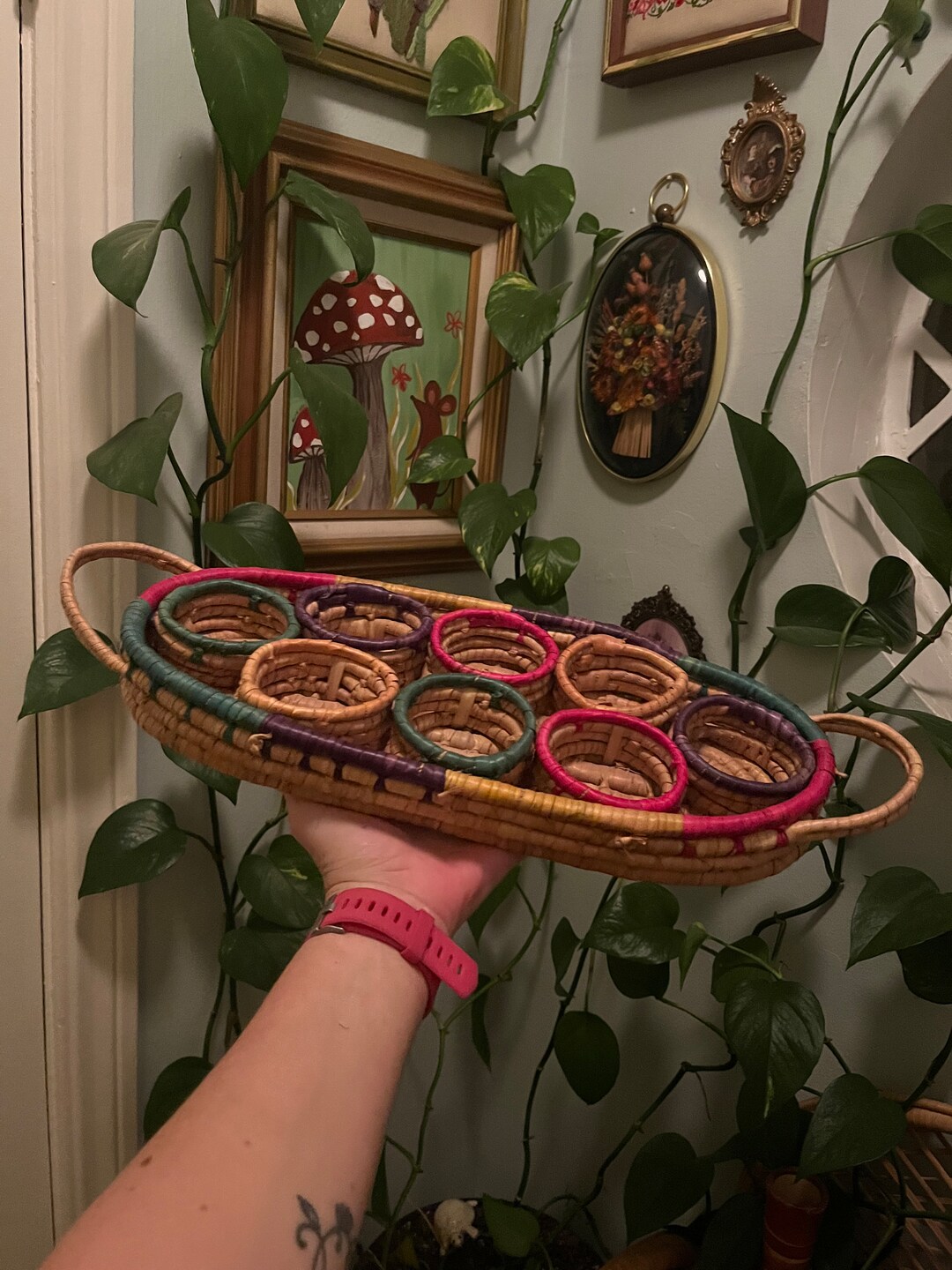 Vintage Multicolor Rattan Wicker Cup Holder Serving Tray Fits 8 Slim ...