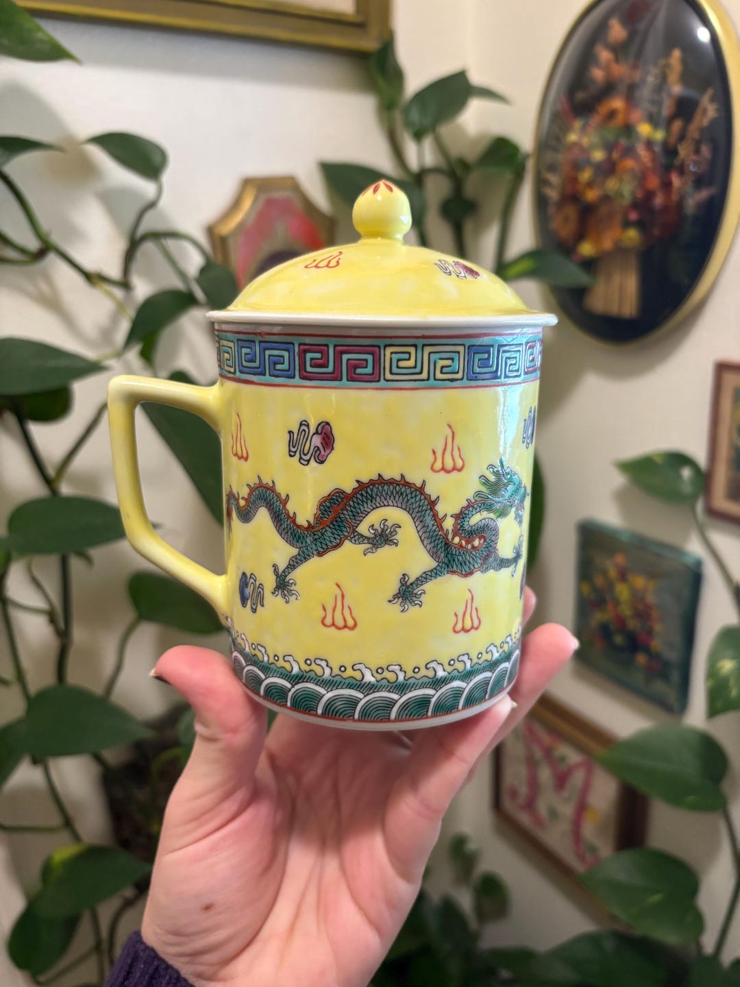 Vintage Large Tea Mug With Lid Chinese Dragons and Pearl Yellow ...