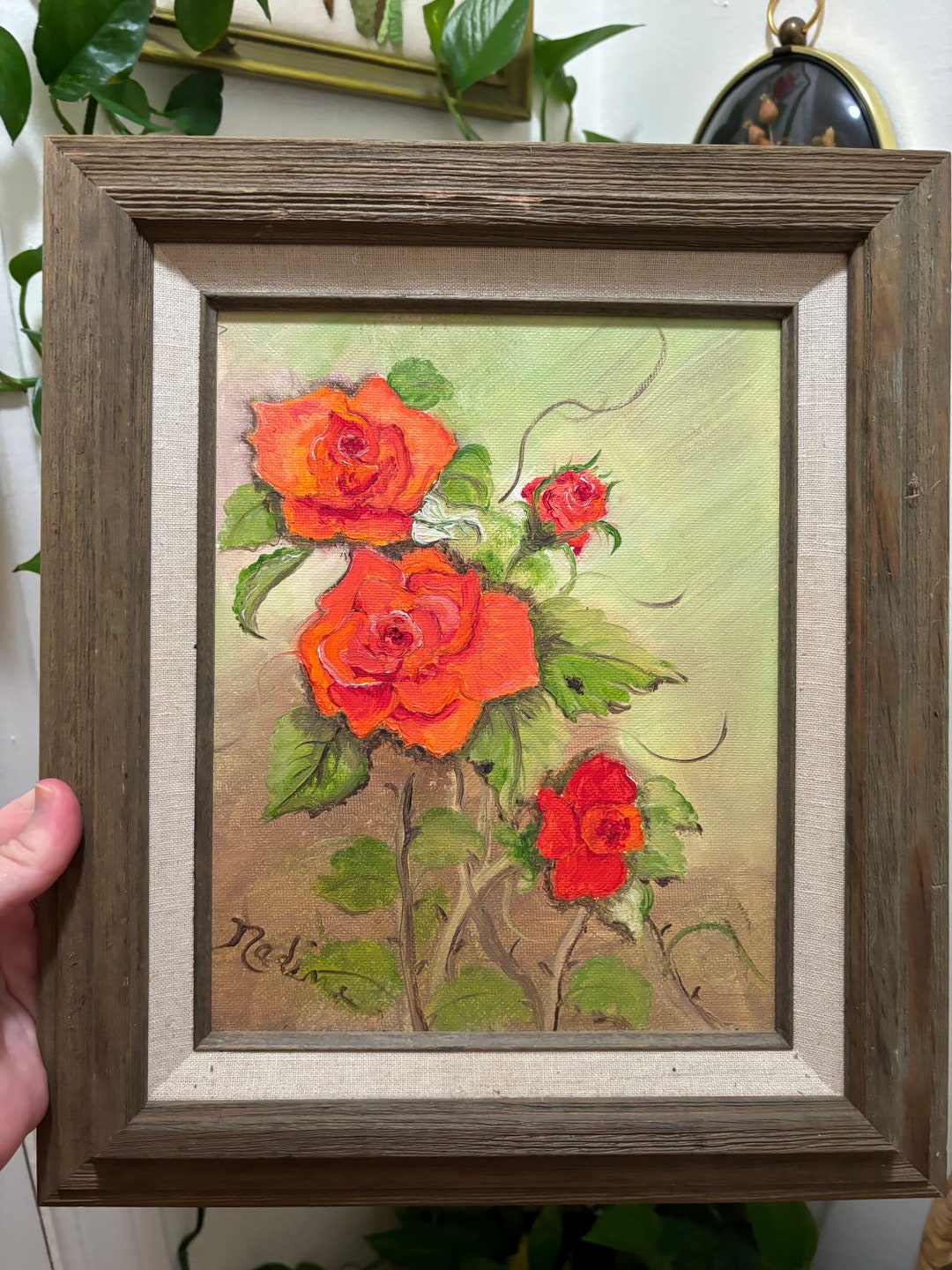 Original Vintage Oil Painting Red Roses Signed by Artist Red Orange ...