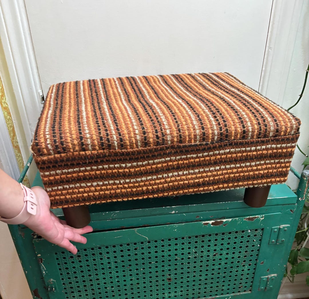 60s 70s Vintage Upholstered Orange Brown Ottoman With Brown Plastic ...
