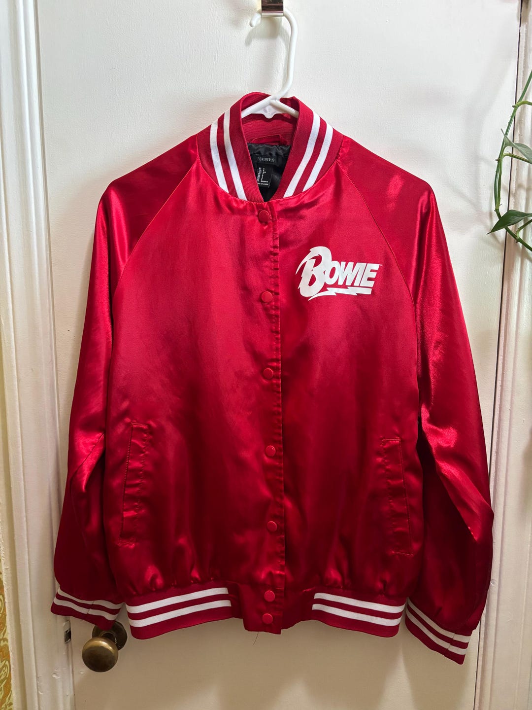 David Bowie Red Satin Bomber Jacket Size Small Button Up Two Pockets