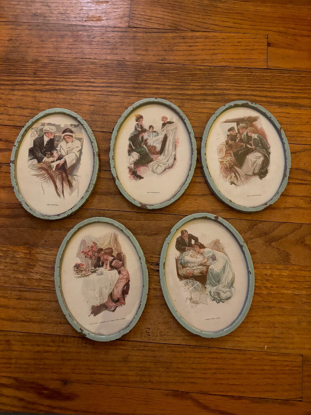 Reinthal Newman Stages of Love Set of Five Oval French Lithographs in Blue Metal Frames 5x6.5in ...