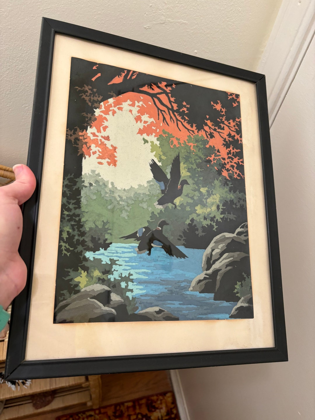 Vintage Paint by Number Flocked Velvet Painting Mallard Ducks in Flight ...