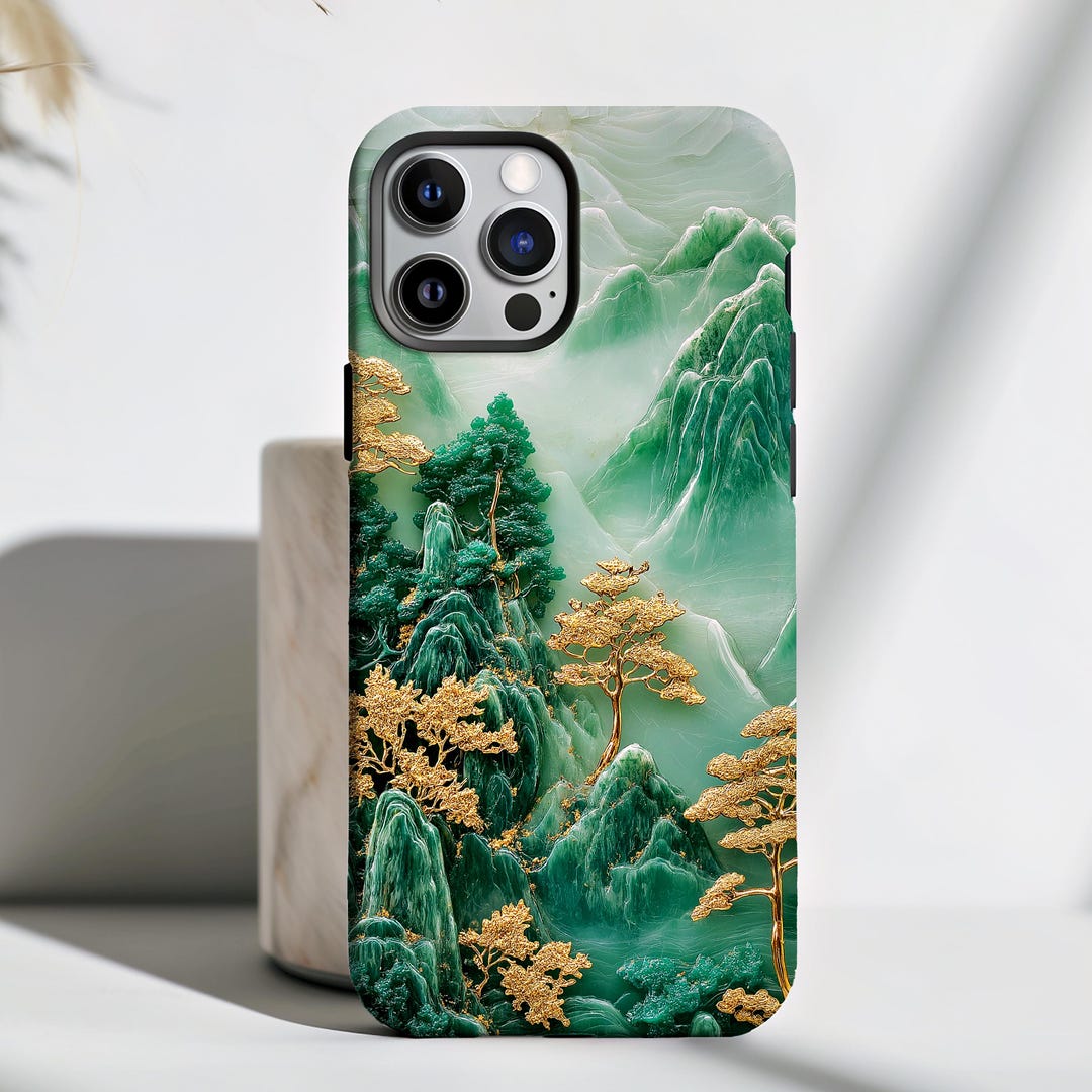 Asian Jade Green Gold Landscape Phone Case for iPhone 13 14 15 16, Plus ...