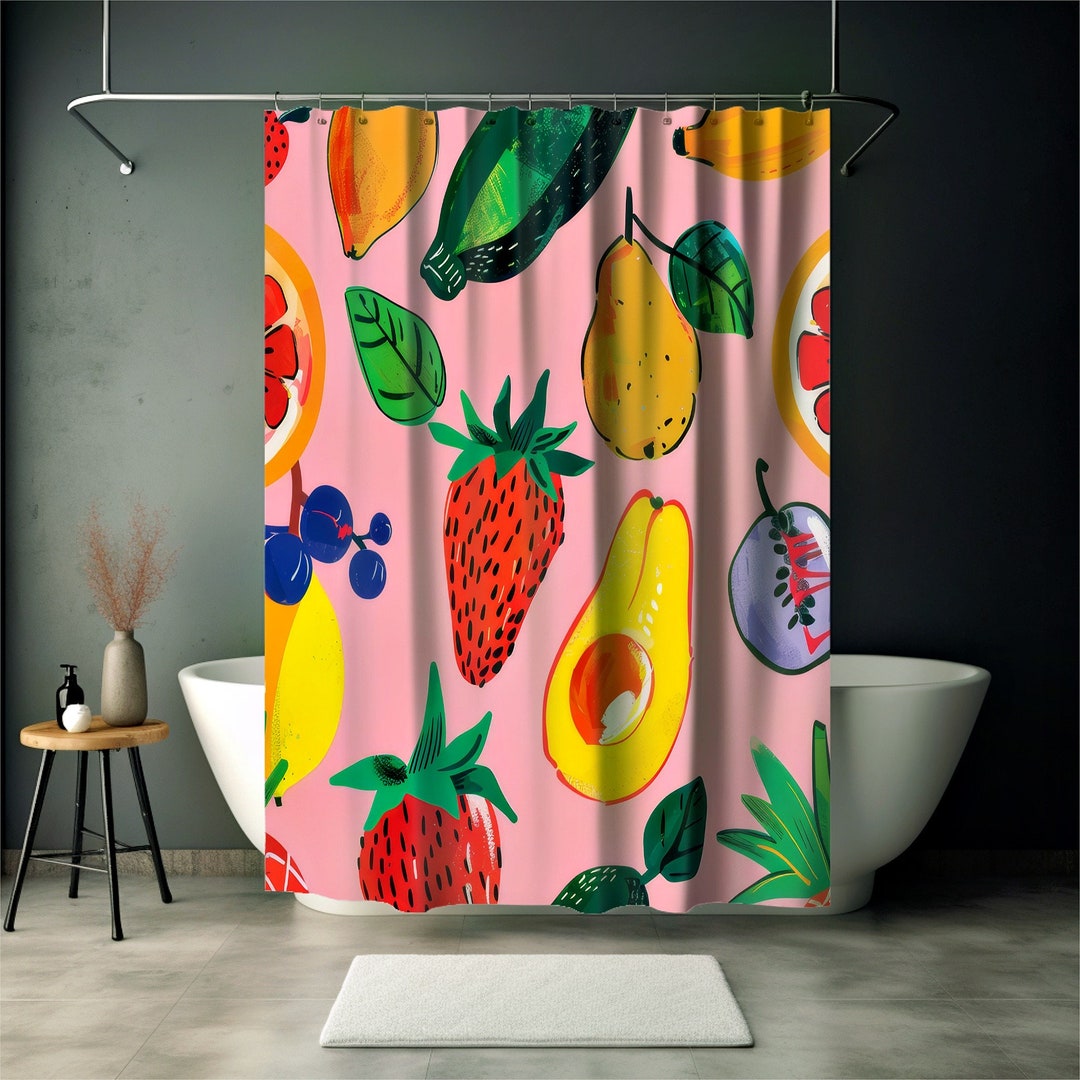 Colorful Fruit Shower Curtain, Strawberry Pink Bathroom Curtain, Vivid ...