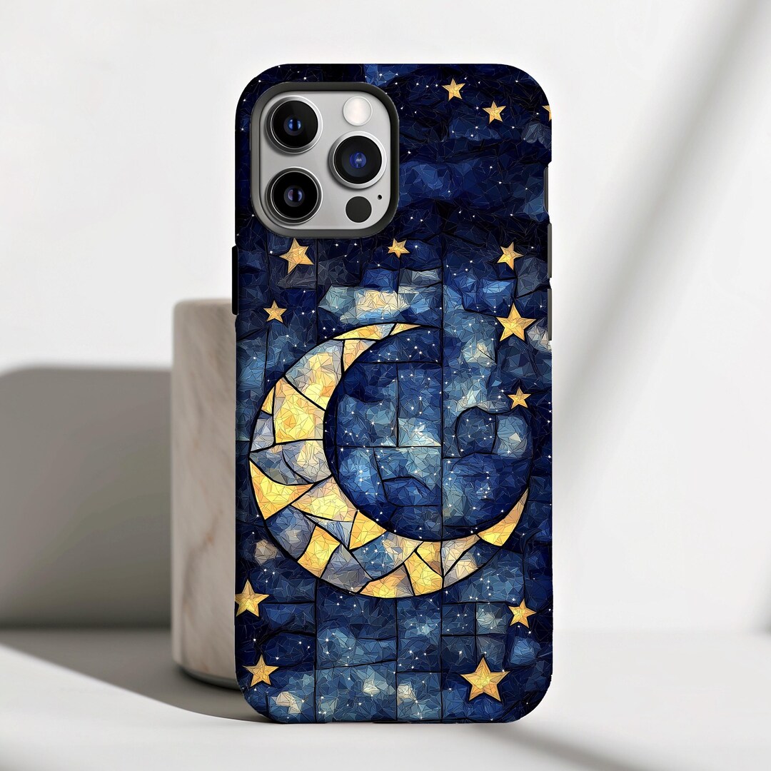 Moon and Stars Galaxy Stained Glass Phone Case for iPhone 13 14 15 ...