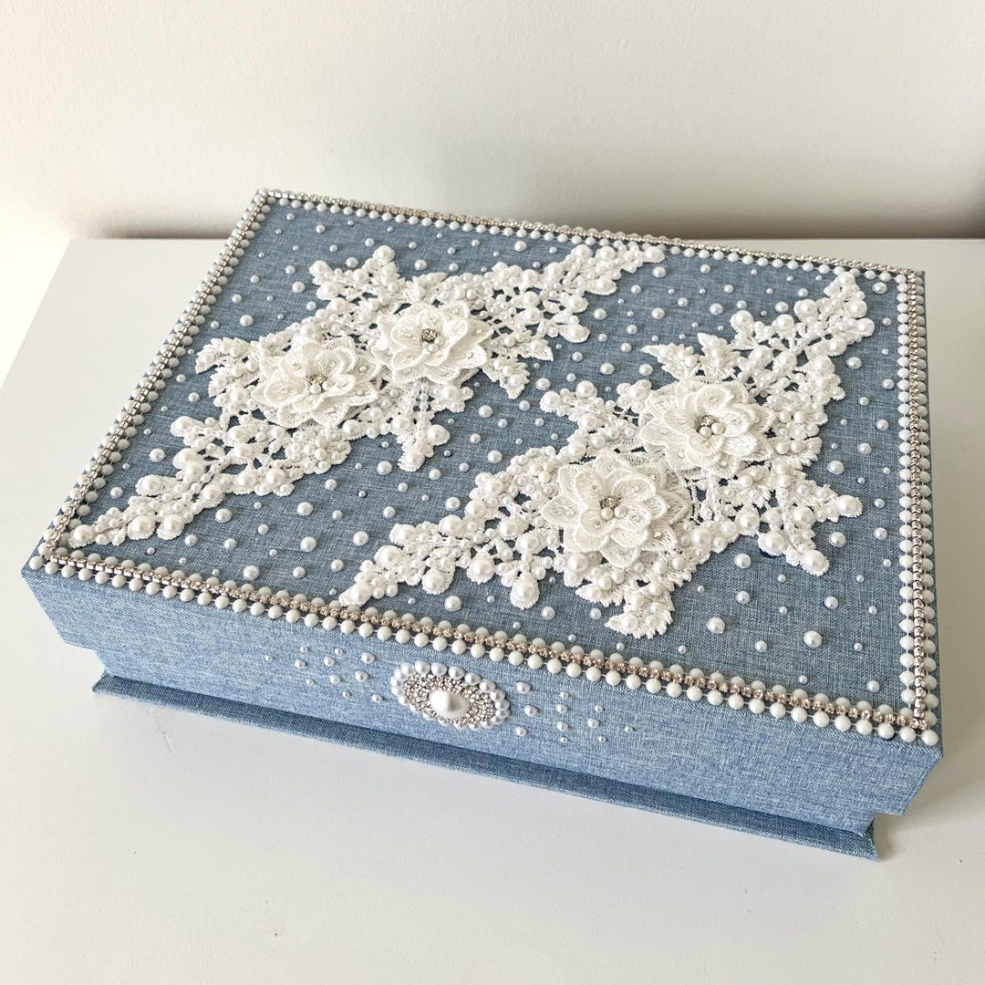 Rhinestone & Pearl Embellished Textile Jewelry Box - Light Blue ...