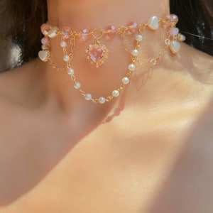 Princess Necklace Pink, Crystal and Pearl Choker, Heart Chain, Heart ...
