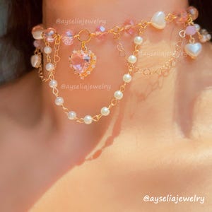 Princess Necklace Pink, Crystal and Pearl Choker, Heart Chain, Heart ...