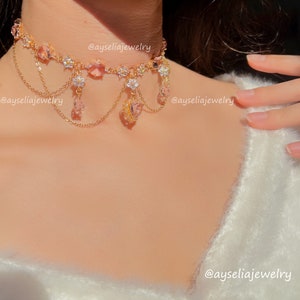 Princess Necklace Pink, Crystal and Pearl Choker, Heart Chain, Heart ...