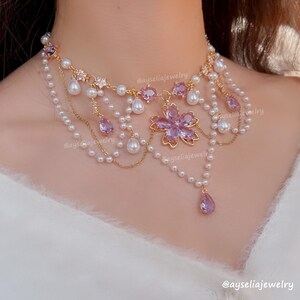 Princess Flower Necklace, Sakura Necklace With Pearls, Big Flower Charm ...