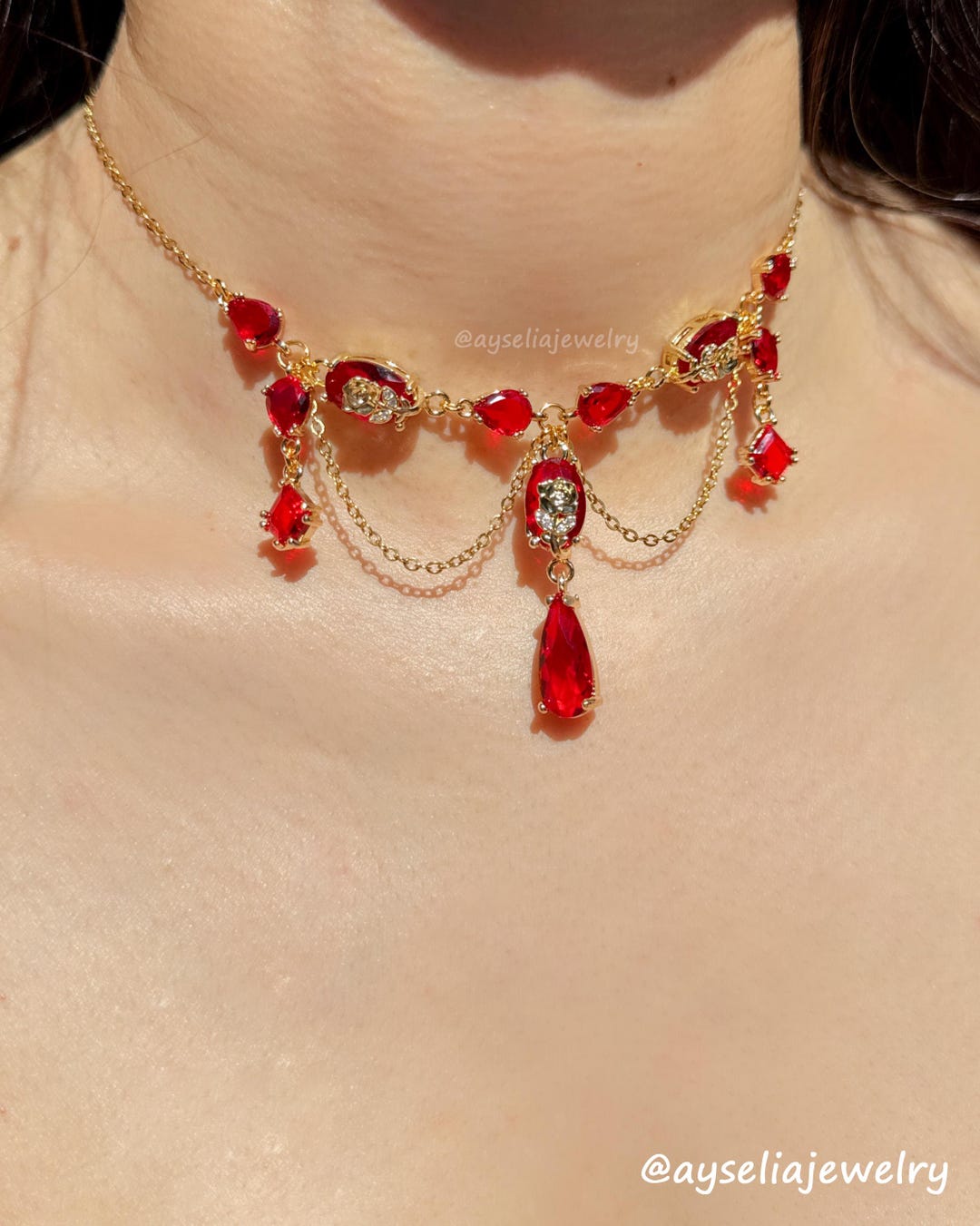 Red Rose Flower Choker, Red & Gold, Elegant Regency Necklace and Hand ...