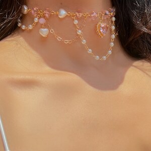 Princess Necklace Pink, Crystal and Pearl Choker, Heart Chain, Heart ...