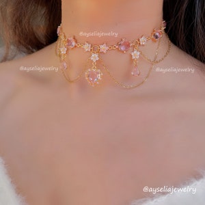 Princess Necklace Pink, Crystal and Pearl Choker, Heart Chain, Heart ...